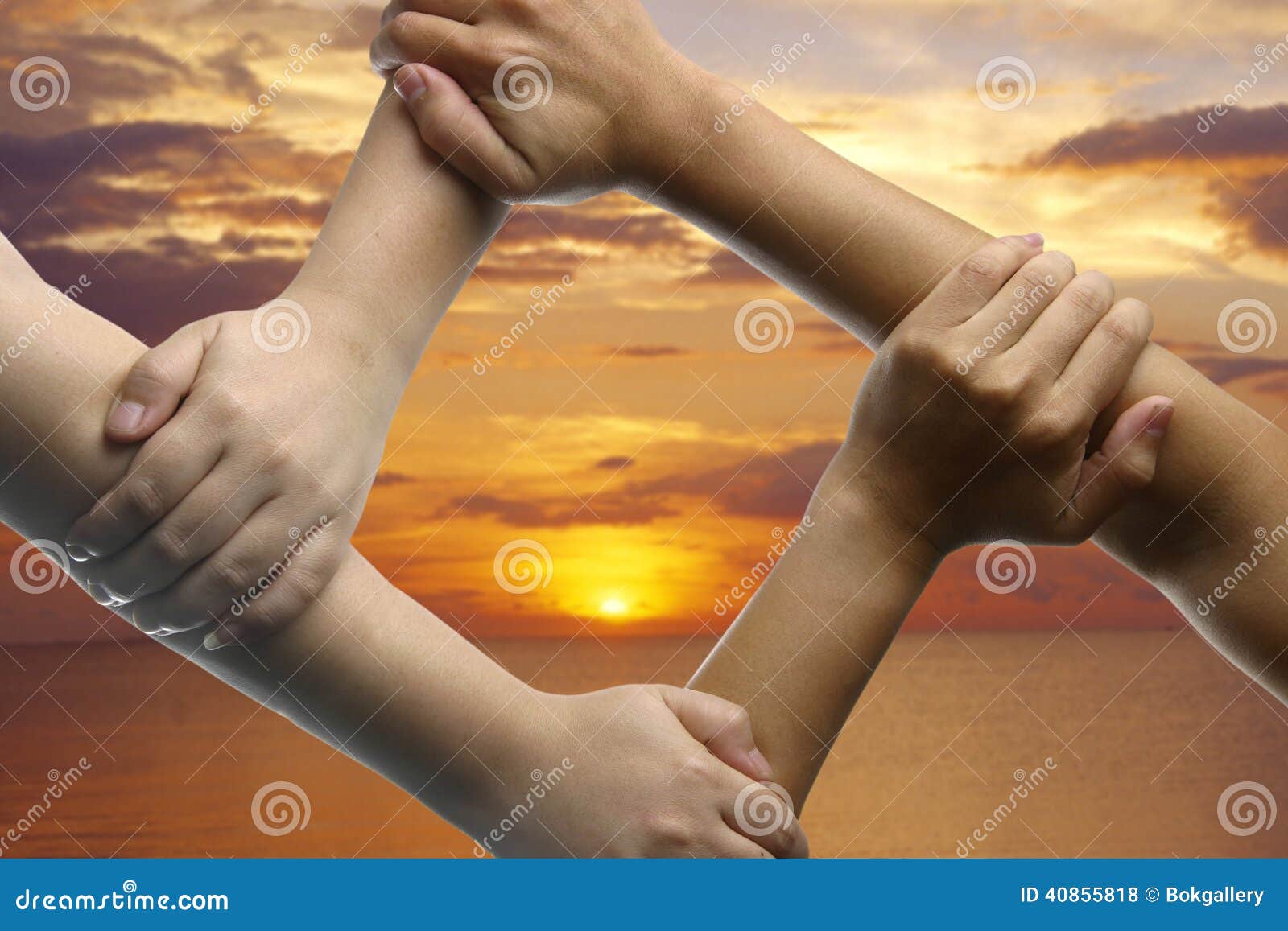Hand Joining with Sunset Background Stock Photo - Image of concept ...