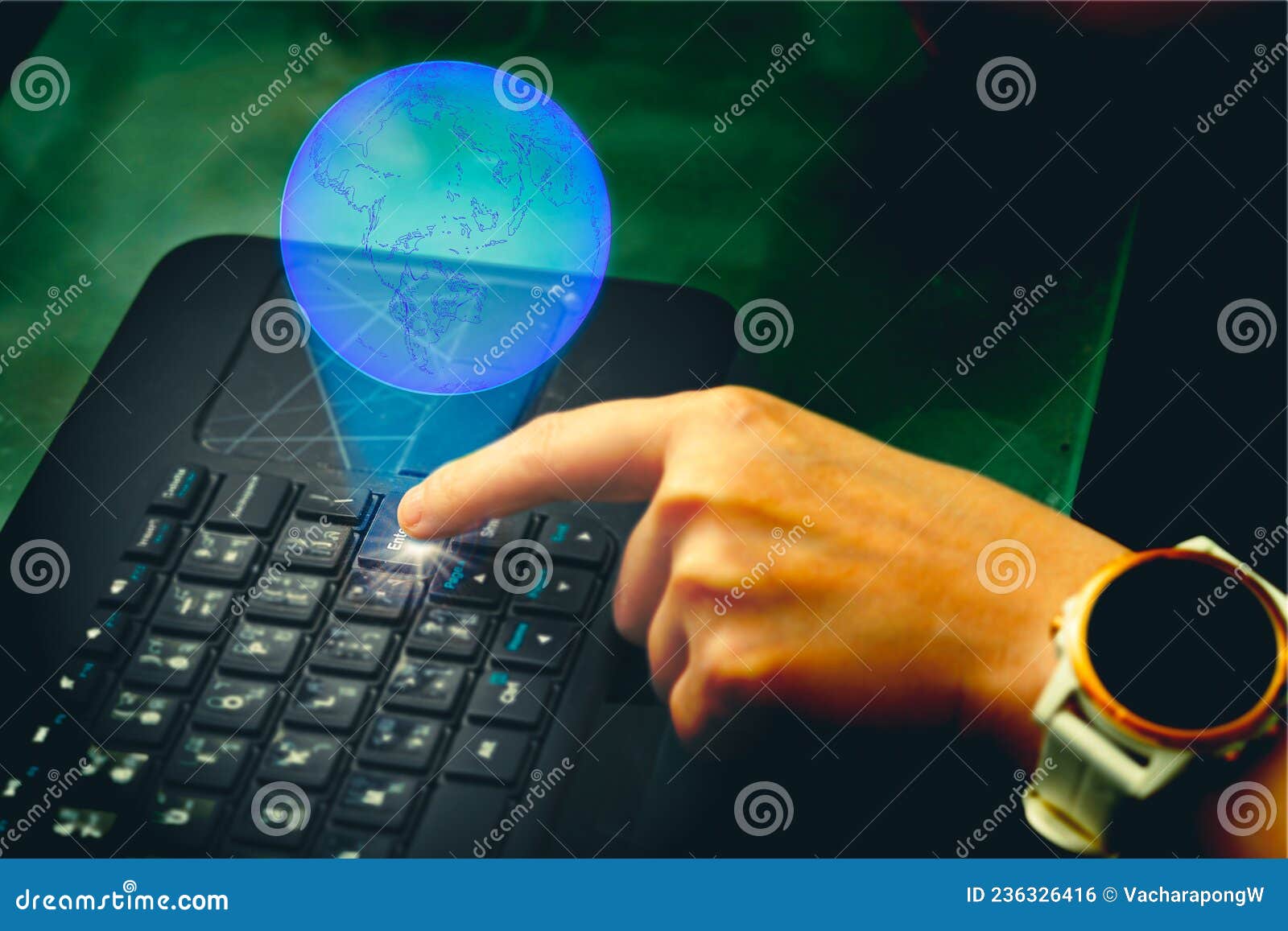 Hand Key Enter Button for World Globe Hologram Stock Photo - Image of ...