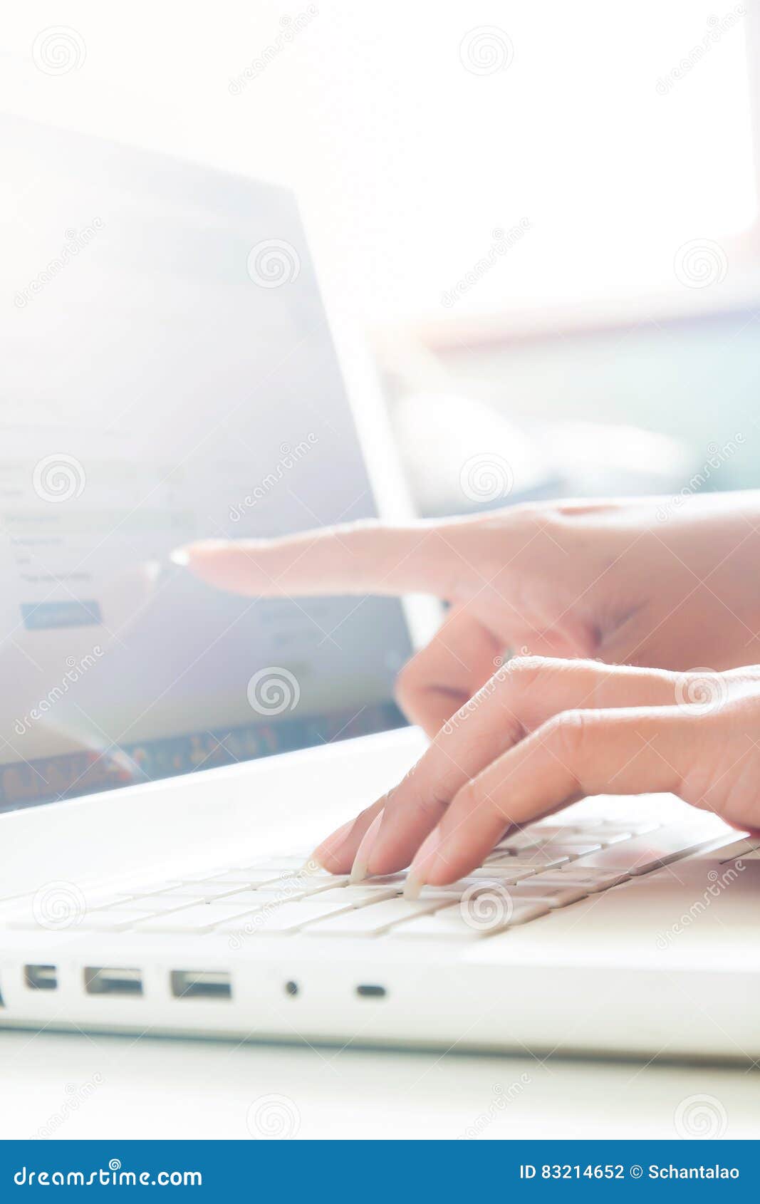 Hand on Keyboard and Point To Screen of Laptop, Business Concept Stock ...