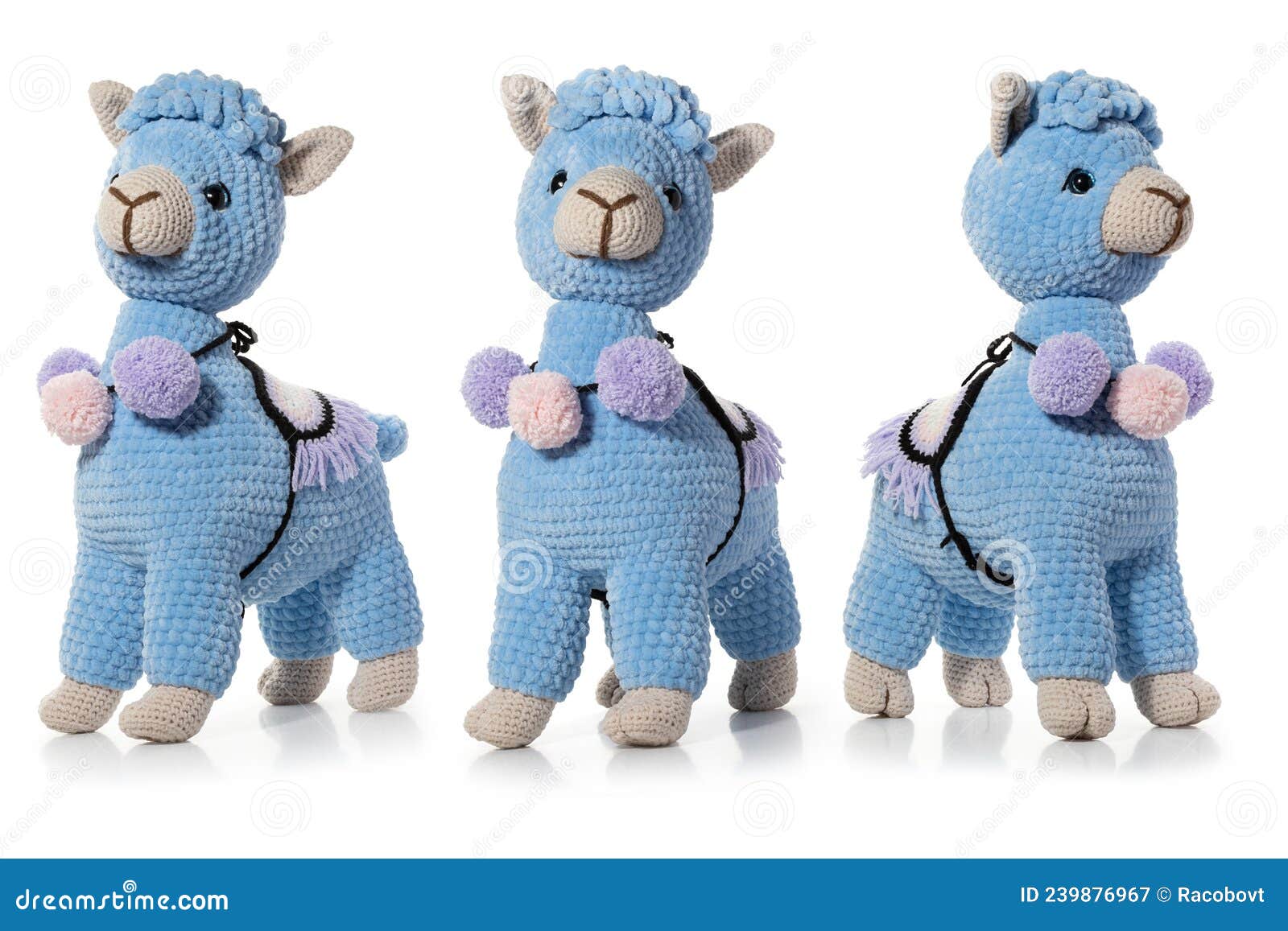 Hand Knitted Toy - Blue Lamb on White Background. Three Angles. Full ...