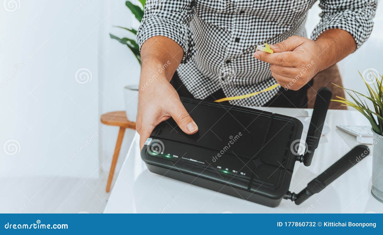 Hand and Lan Network Cable with People Work on Wireless Router, Man ...