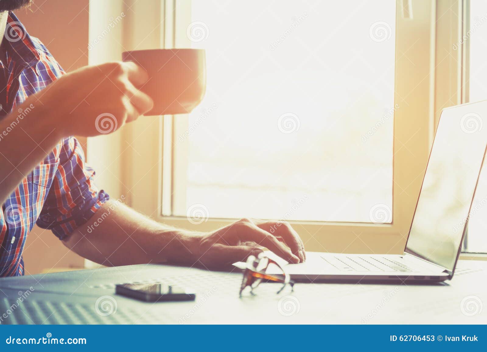 Hand with Laptop and Cup of Tea or Coffee Stock Image - Image of finger ...