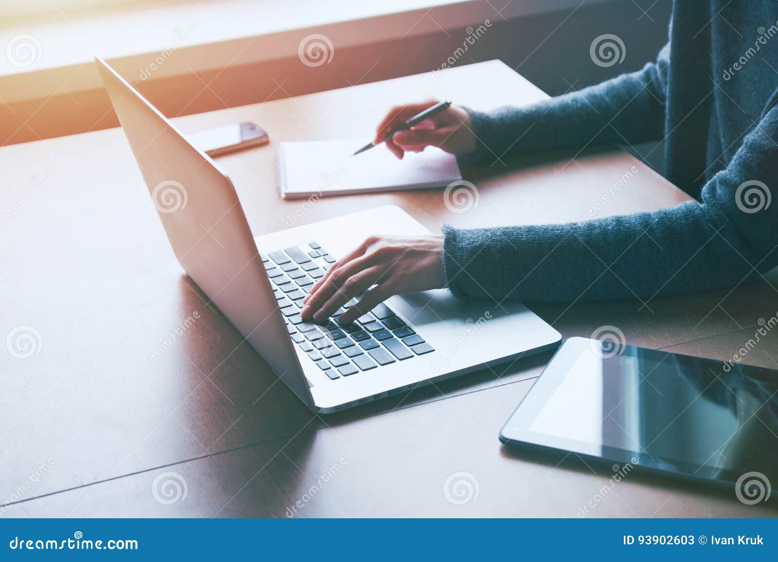 Hand with Laptop and Notebook Stock Image - Image of home, journalist ...