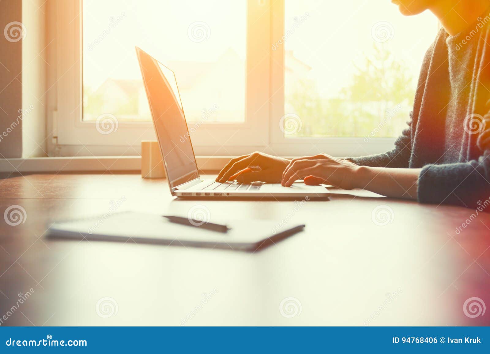 Hand with Laptop and Notebook Stock Photo - Image of creation, distance ...