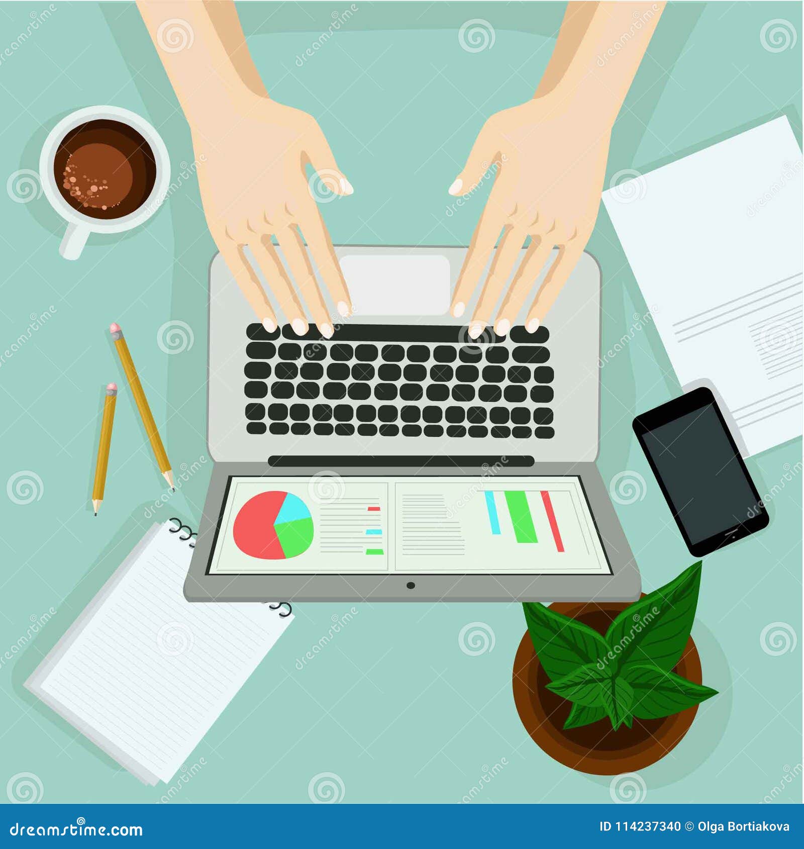Hand with laptop stock vector. Illustration of desk - 114237340