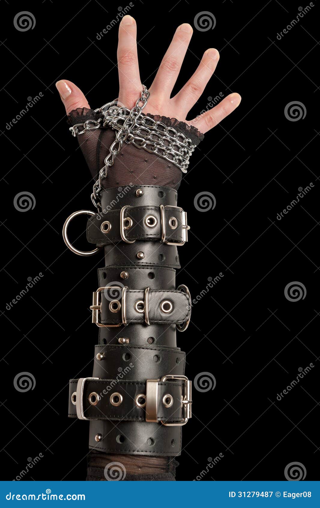 Hand in Leather Cuffs on Black Stock Image - Image of cuffs, gothic ...