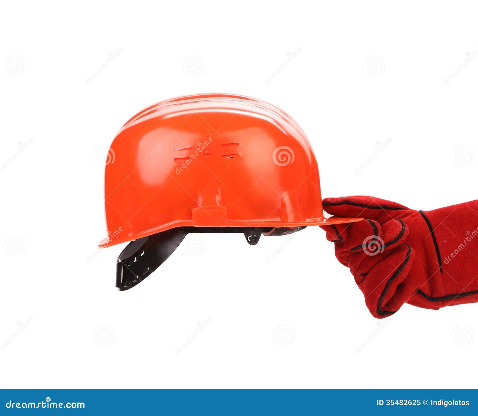 Hand in Leather Gloves Holds Hard Hat. Stock Image - Image of isolated ...