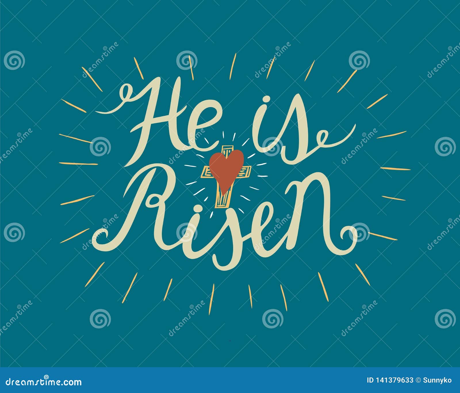 Hand Lettering he is Risen with a Cross on Blue Background. Stock ...