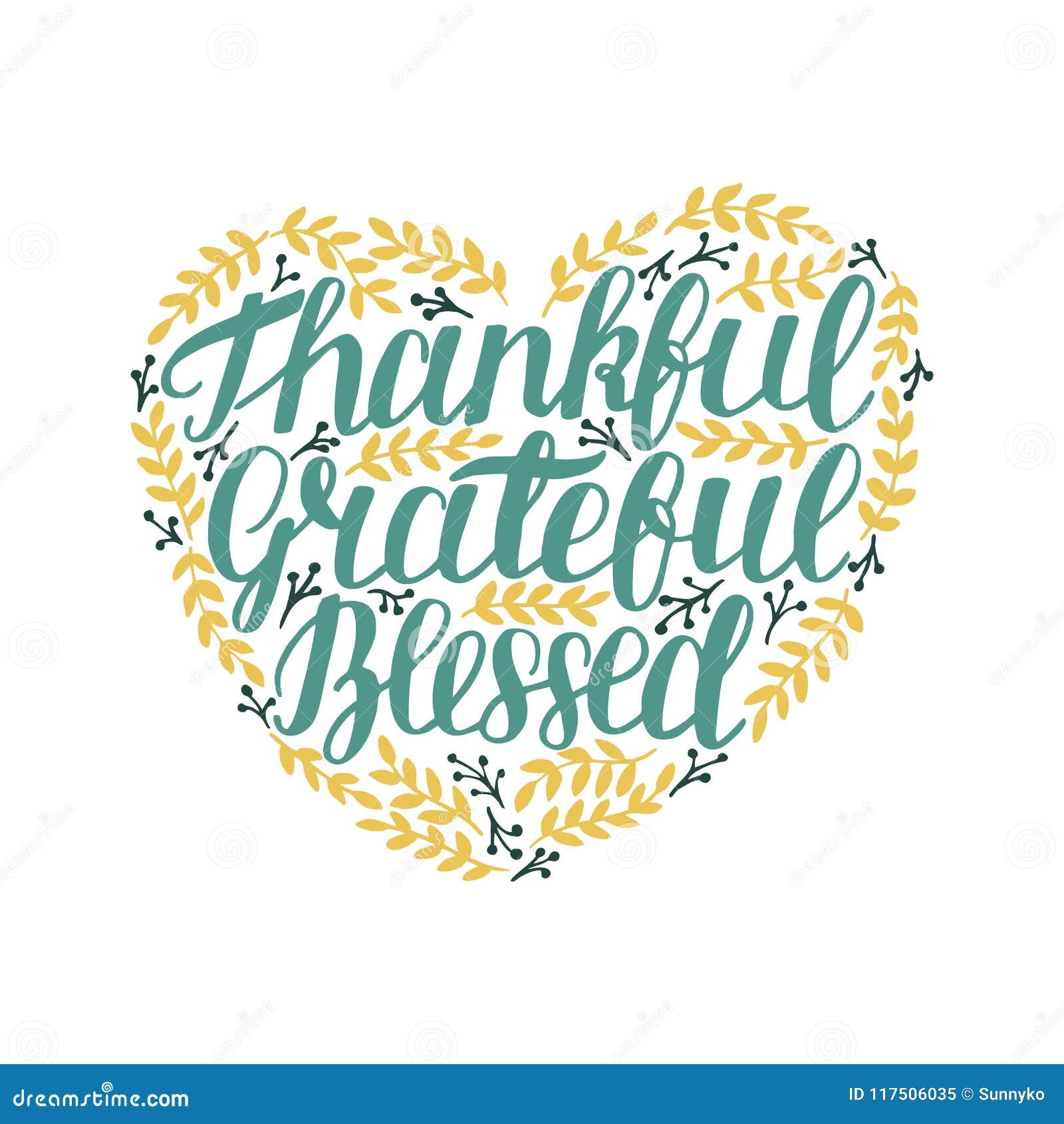 Hand Lettering Thankful Grateful Blessed In Shape Of Heart With