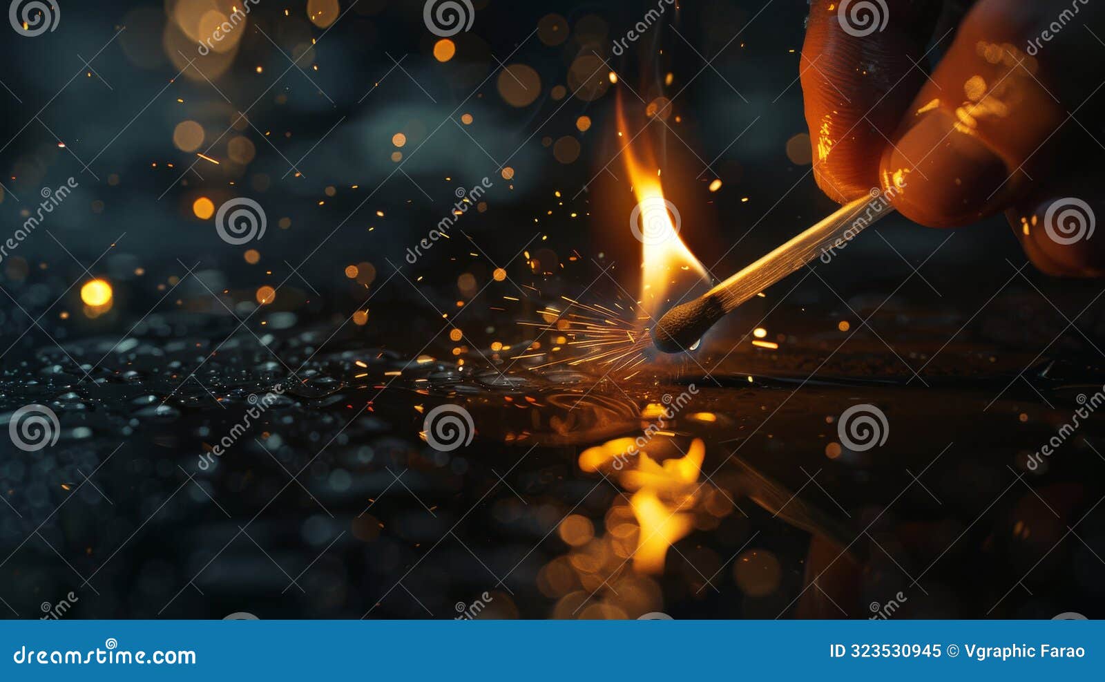 Hand Lighting a Matchstick with Sparks and Fire in a Dark, Reflective ...