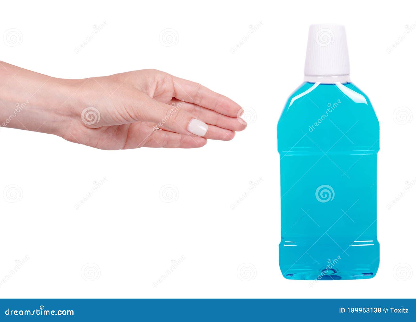 Hand with Liquid Mouth Wash in Plastic Bottle. Isolated on White ...