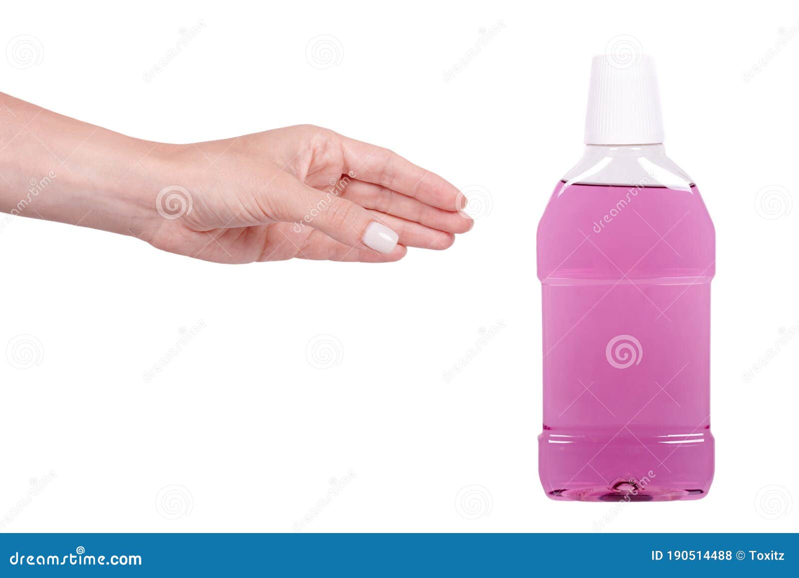 Hand with Liquid Mouth Wash in Plastic Bottle. Isolated on White ...