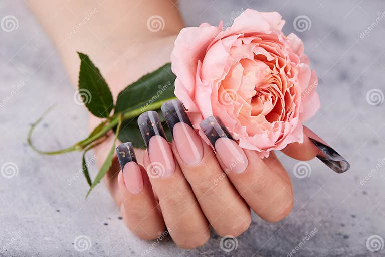 Hand With Long Artificial Manicured Nails Colored With Black Nail