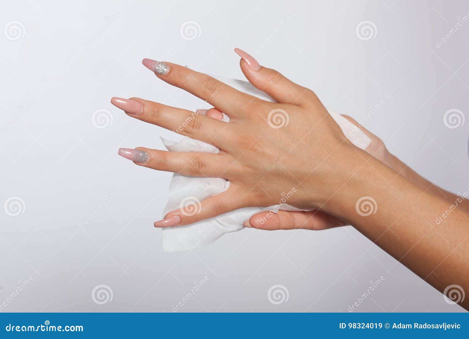 Hand with Long Nails Clean with Wet Wipes Stock Image - Image of ...