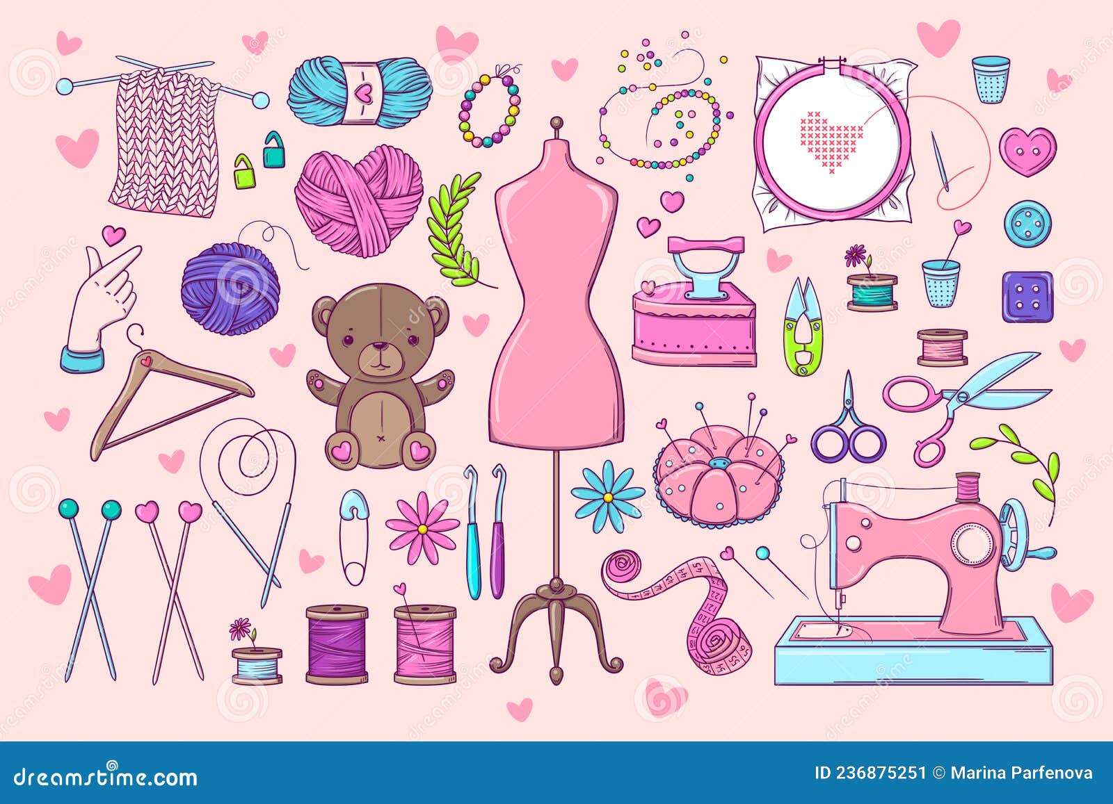 Hand Made. Set of Elements for Sewing in Doodle Style Stock Vector ...