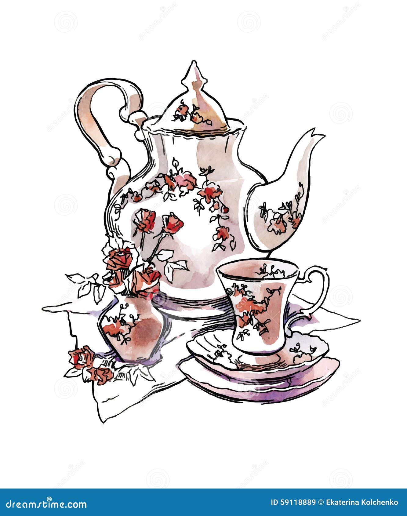 Hand Made Sketch of Tea Sets. Vector Illustration. Stock Illustration ... Hand Made Sketch of Tea Sets. Vector Illustration. Stock Illustration ...