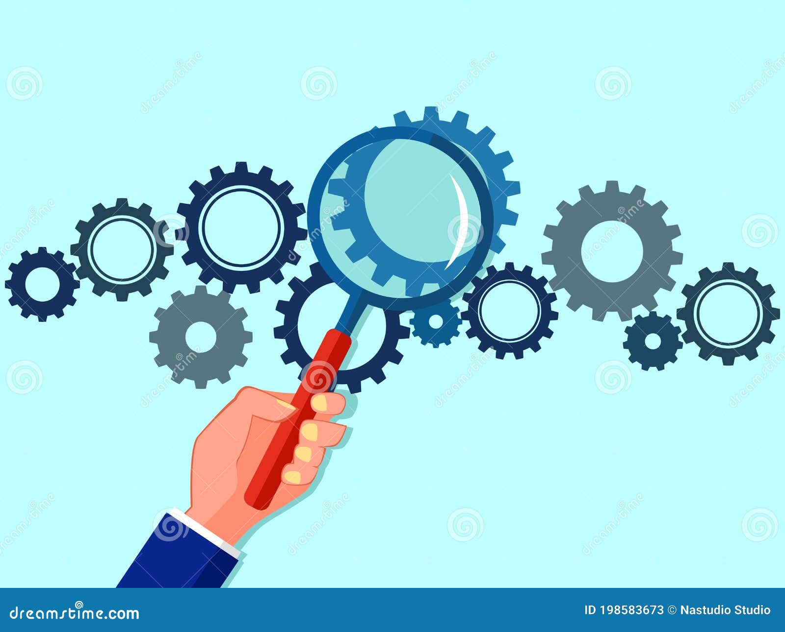 Hand With A Magnifying Glass And Cog. Search Ideas System Detection And ...