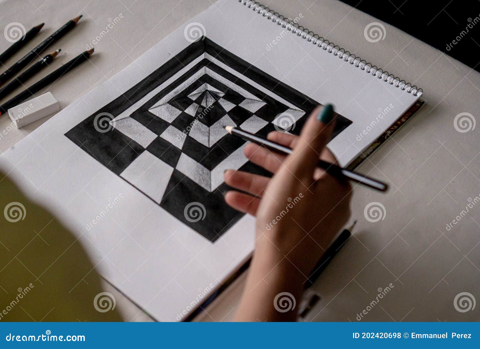 Hand Making a Black and White Perspective Drawing by Taking a Pencil ...