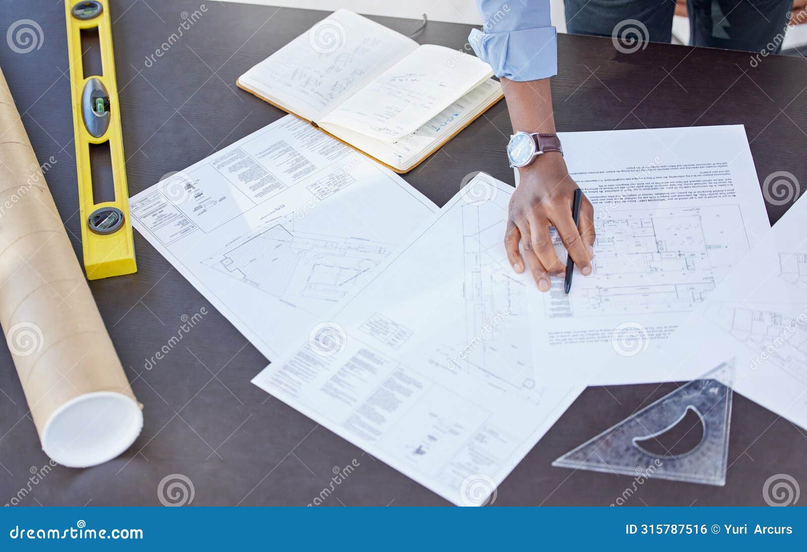 Hand, Man and Blueprint for Planning in Office with Pencil for Drawing ...