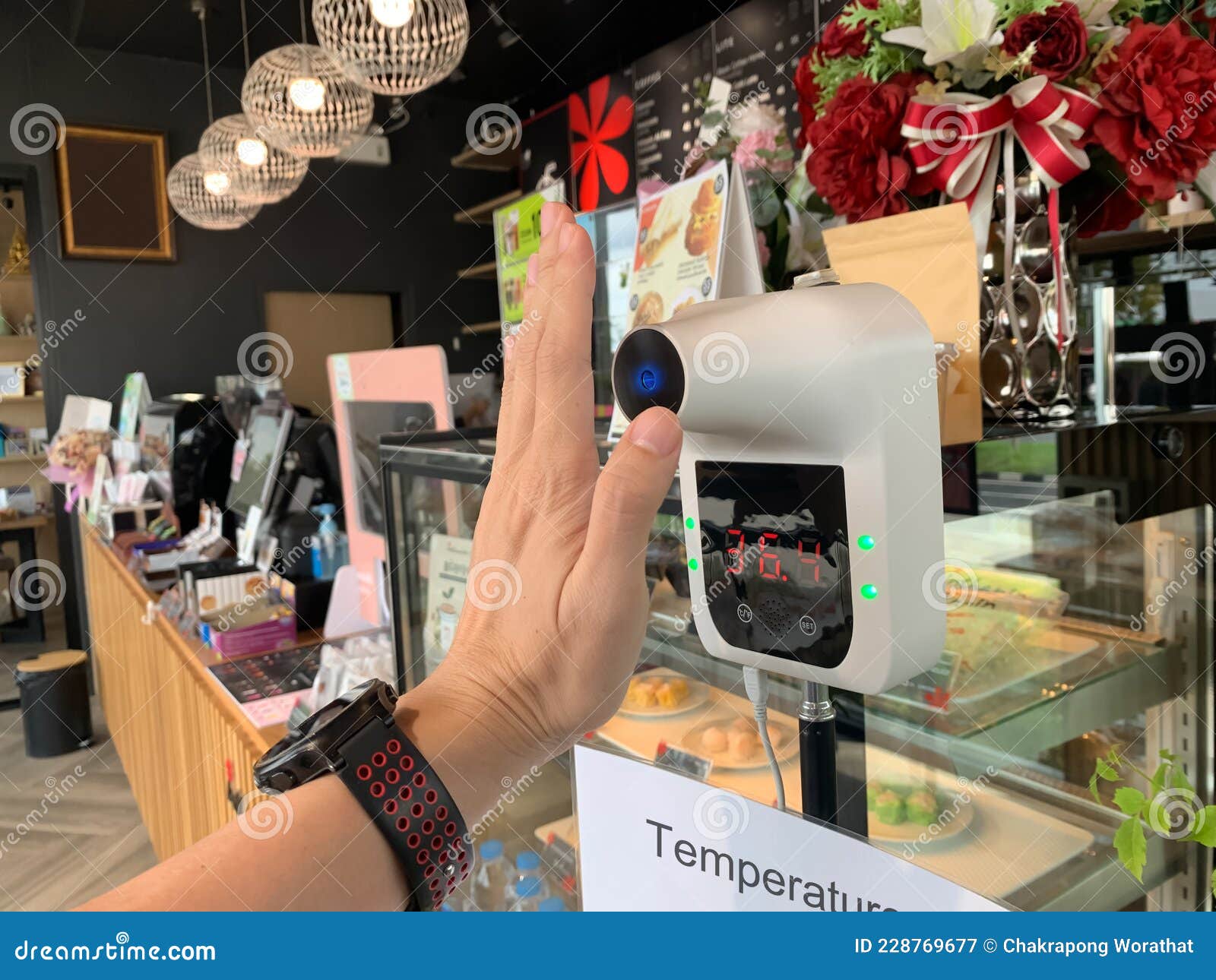 Hand of Man Checking Temperature before Entering Cafe with Digital ...