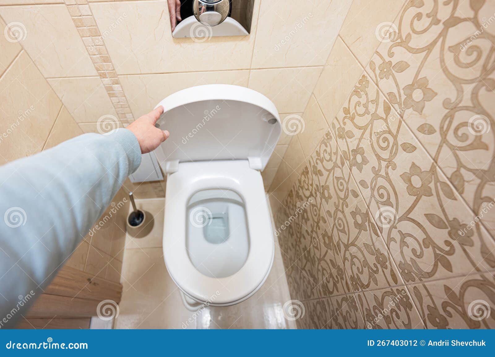 Hand of a Man is Closing the Toilet Lid Stock Photo - Image of bathroom ...