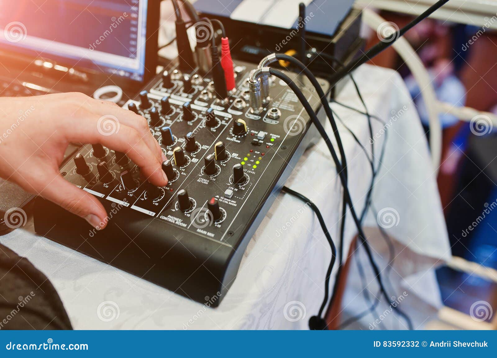 Hand of Man on Digital Mixing Console. Sound Mixer Control Panel Stock ...