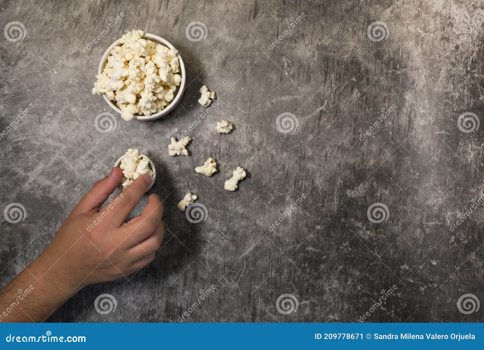 Hand Of Man Eating Popcorn, Bowls With Popcorn And Grey Background ...