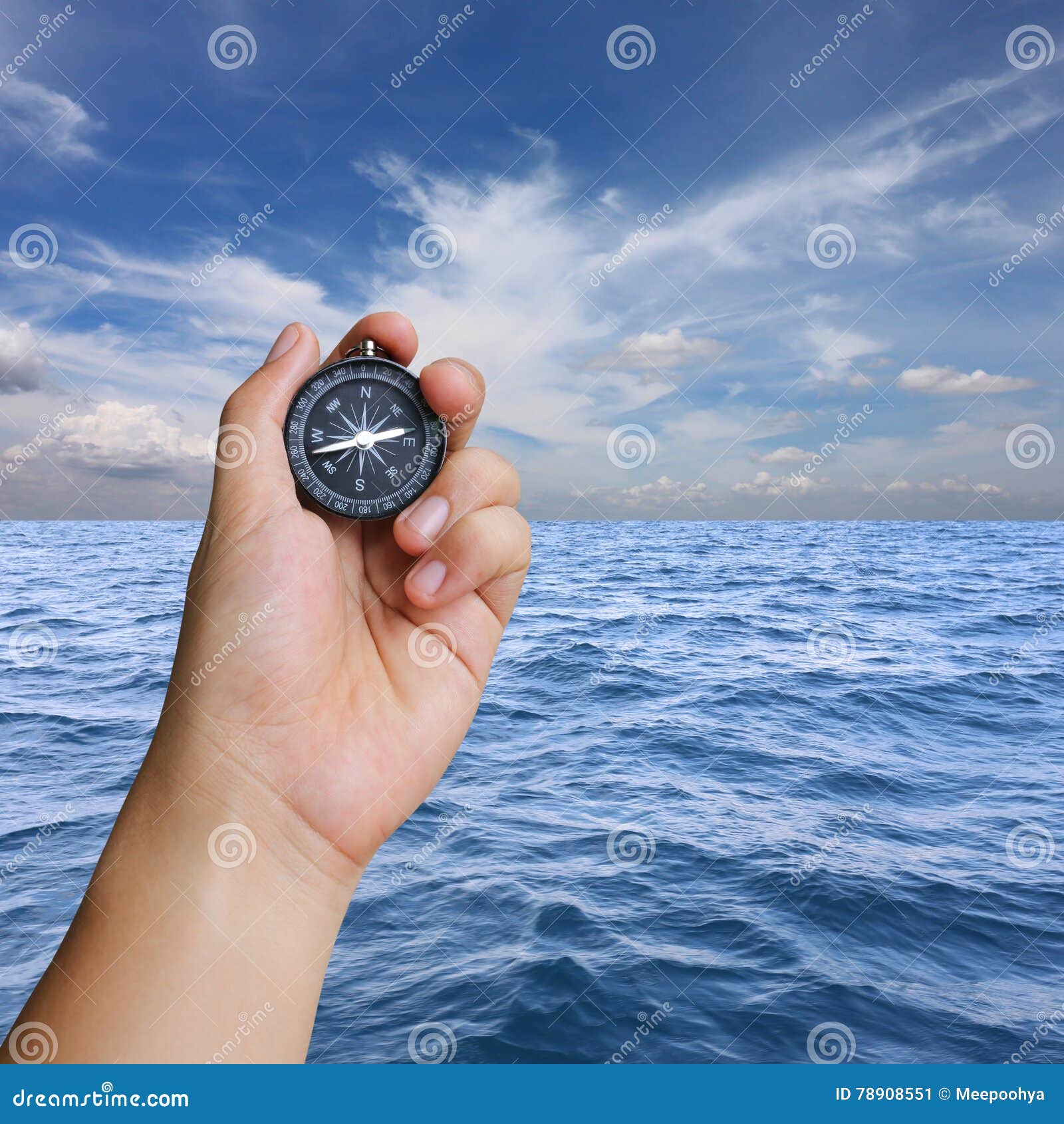 Hand of Man Holding a Compass and View Sea. Stock Image - Image of ...