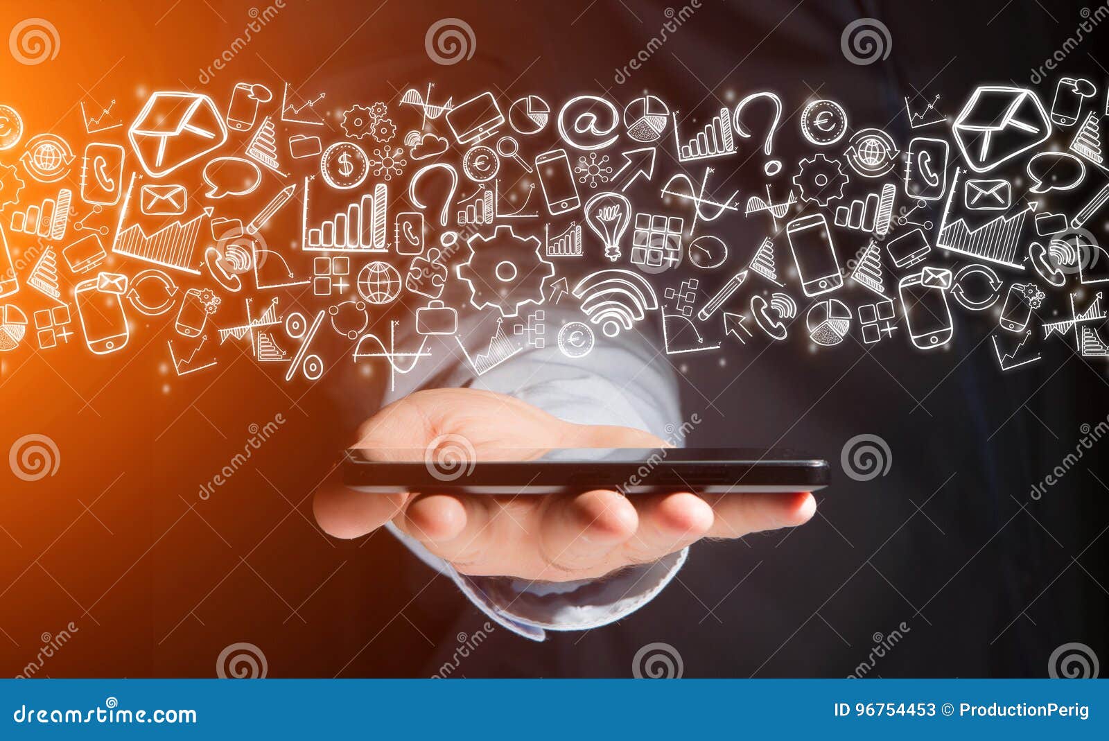 Hand of a Man Holding Device with Internet Icons All Around Stock Image ...