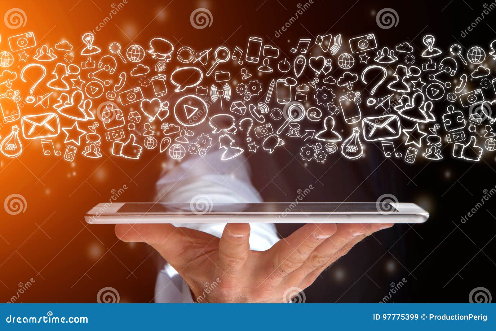 Hand of a Man Holding Device with Internet Icons All Around Stock Image ...