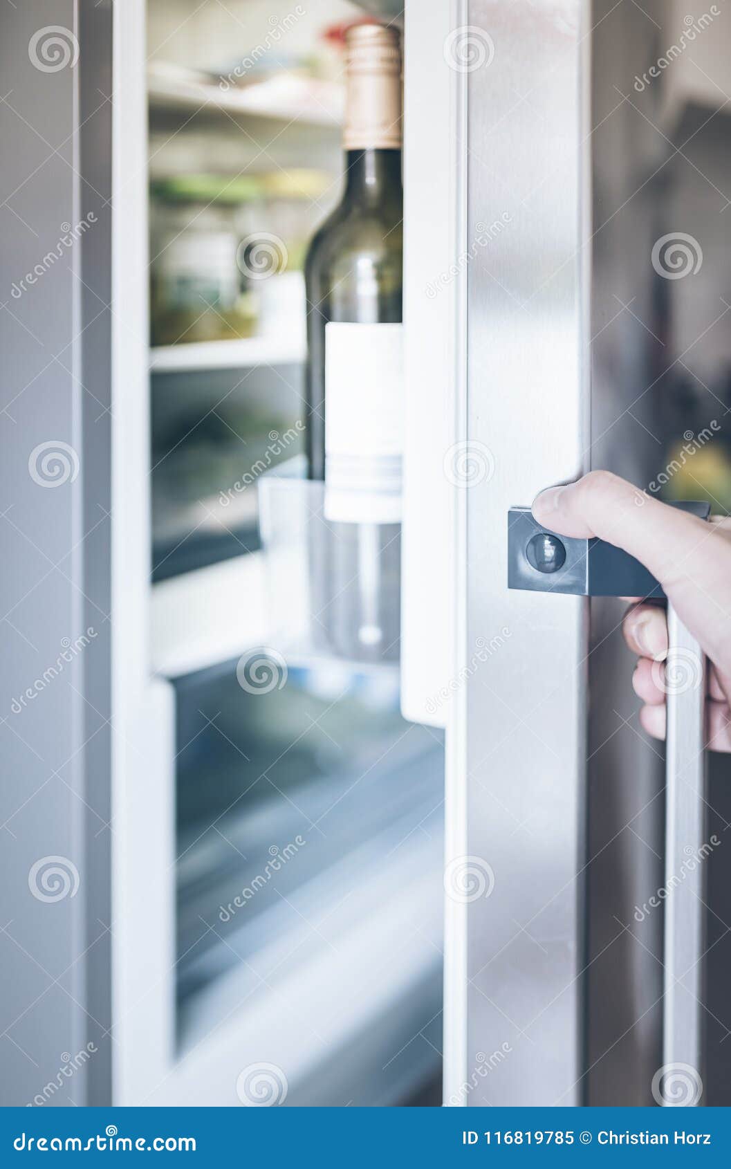 Hand Opening Refrigerator Door in Kitchen Stock Image - Image of food ...