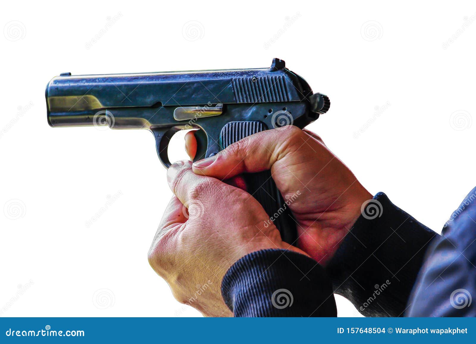 The Hand of a Man Shooting a Gun on a White Background Stock Photo ...