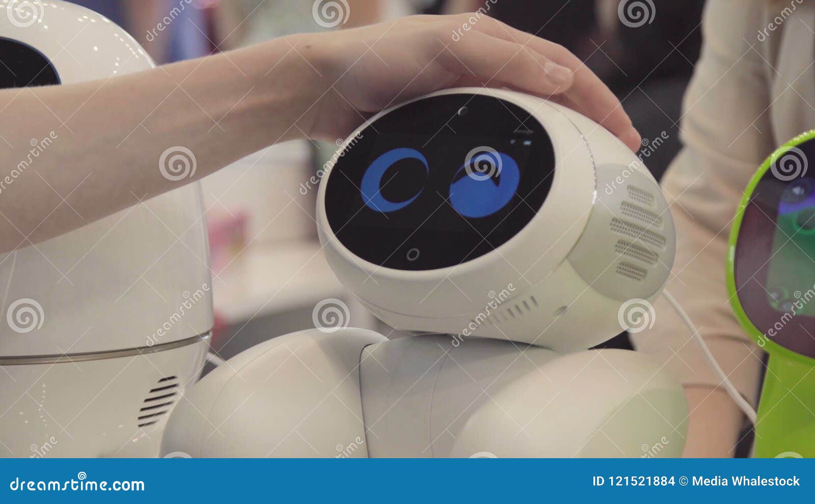 Hand of Man Touches the Robot. Robot is Happy with the Touch of a Human ...