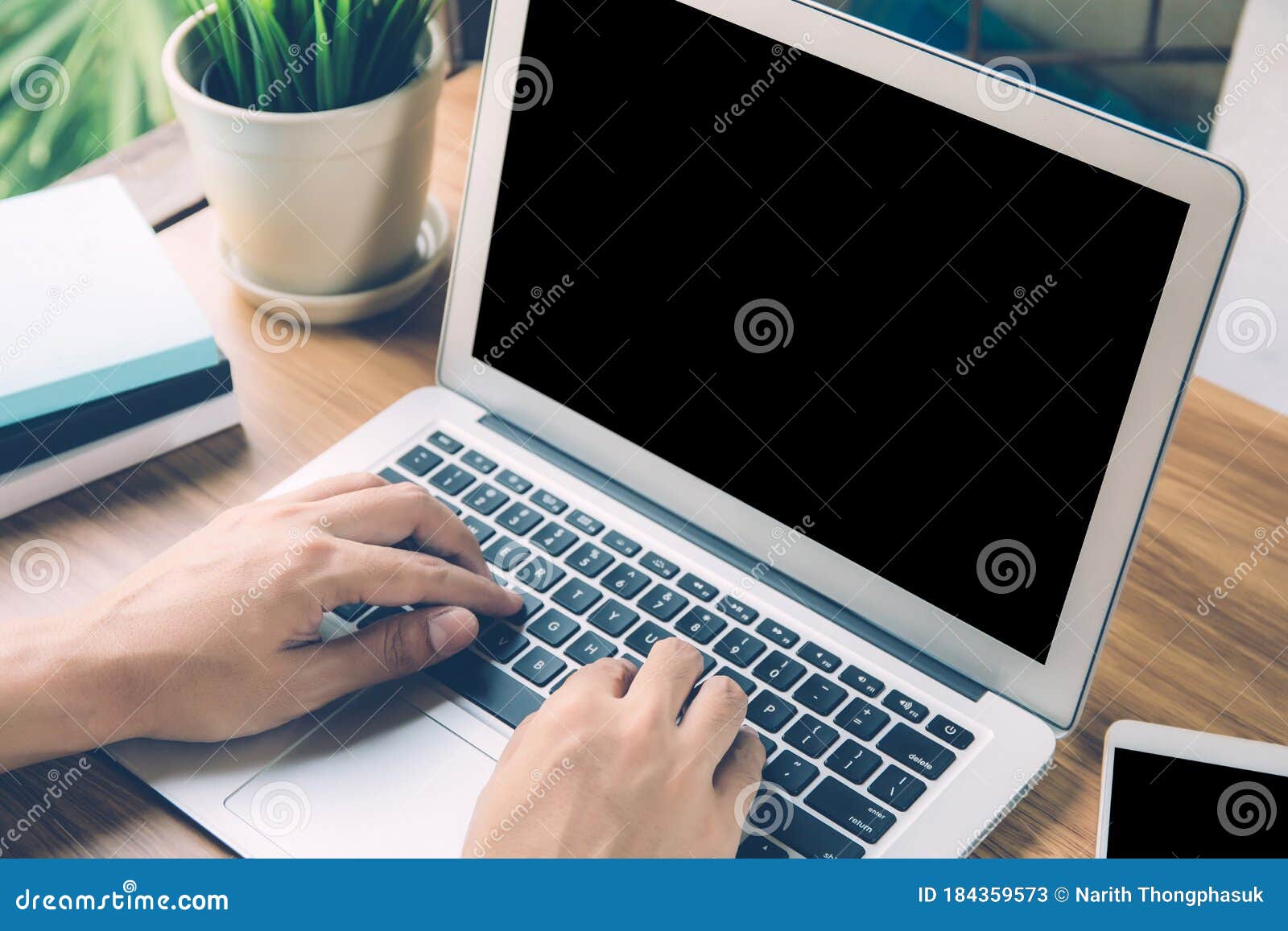 Hand of Man Working Laptop Computer with Blank Screen, Work from Home ...