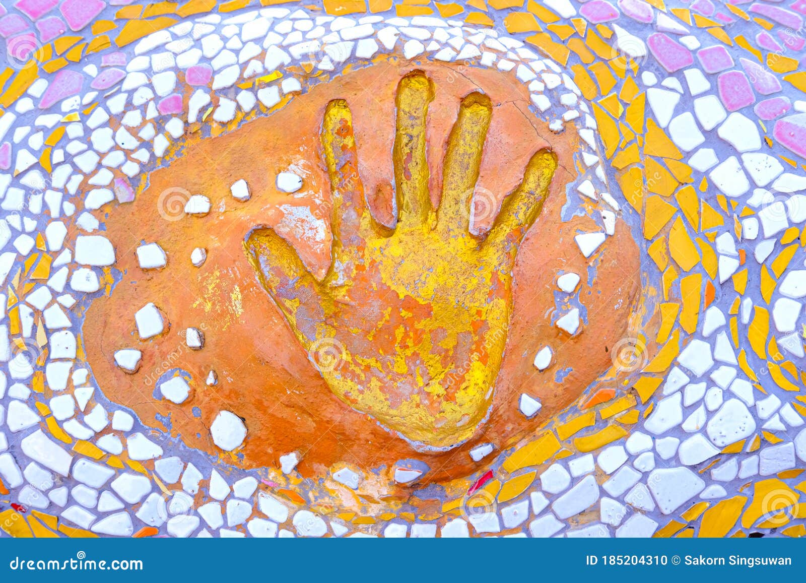 Hand Mark on Stone Mosaic Tiles on the Wall As Background or Texture ...