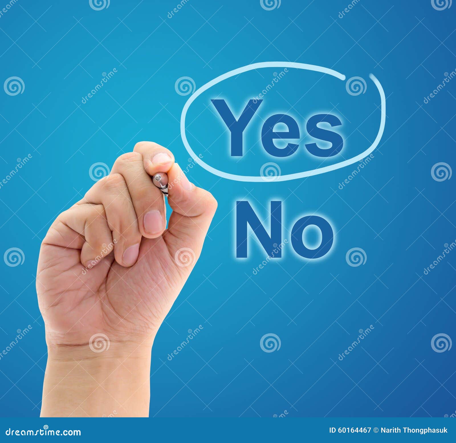 Hand Mark on Yes with Blue Pen Stock Image - Image of drawing, confirm ...