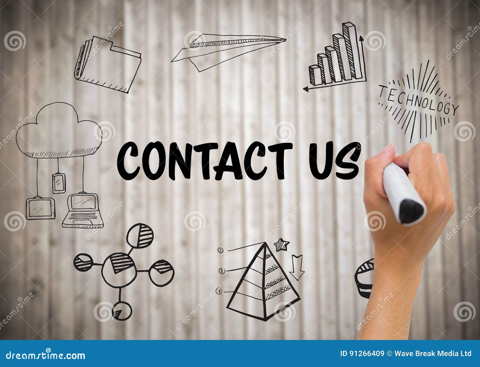 Hand with Marker Against Contact Doodles and Blurry Wood Panel Stock ...