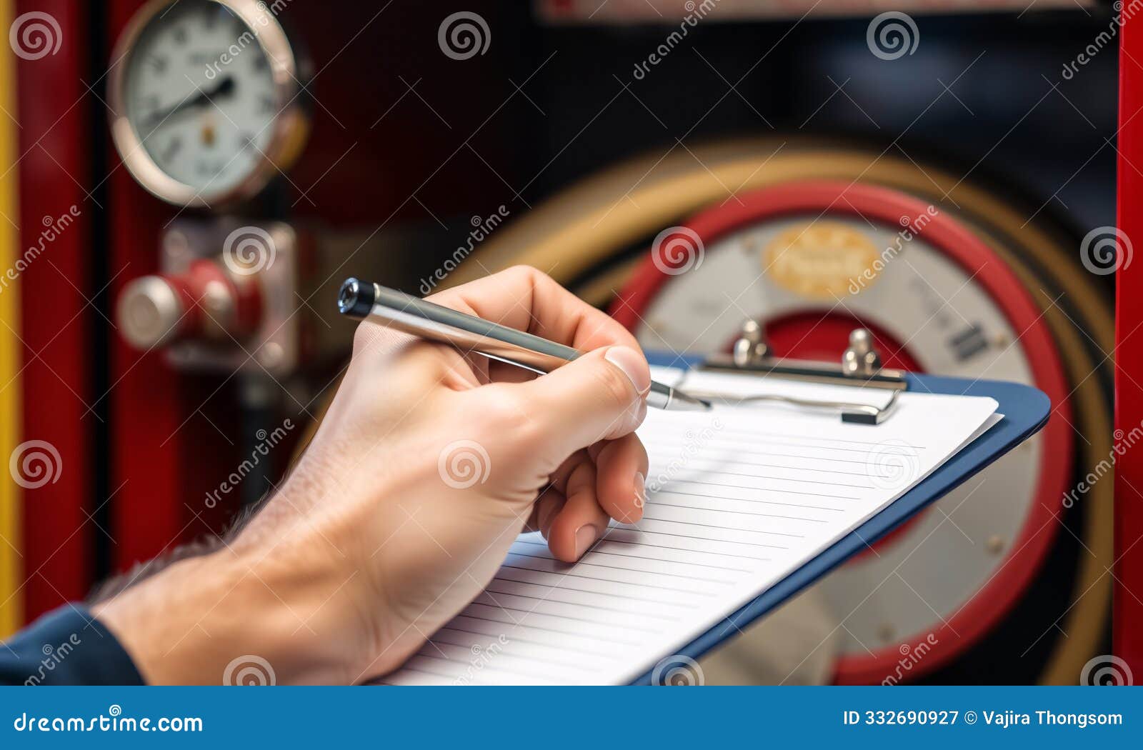 A Hand Marking a Clipboard during a Routine Check of a Fire Water Hose ...