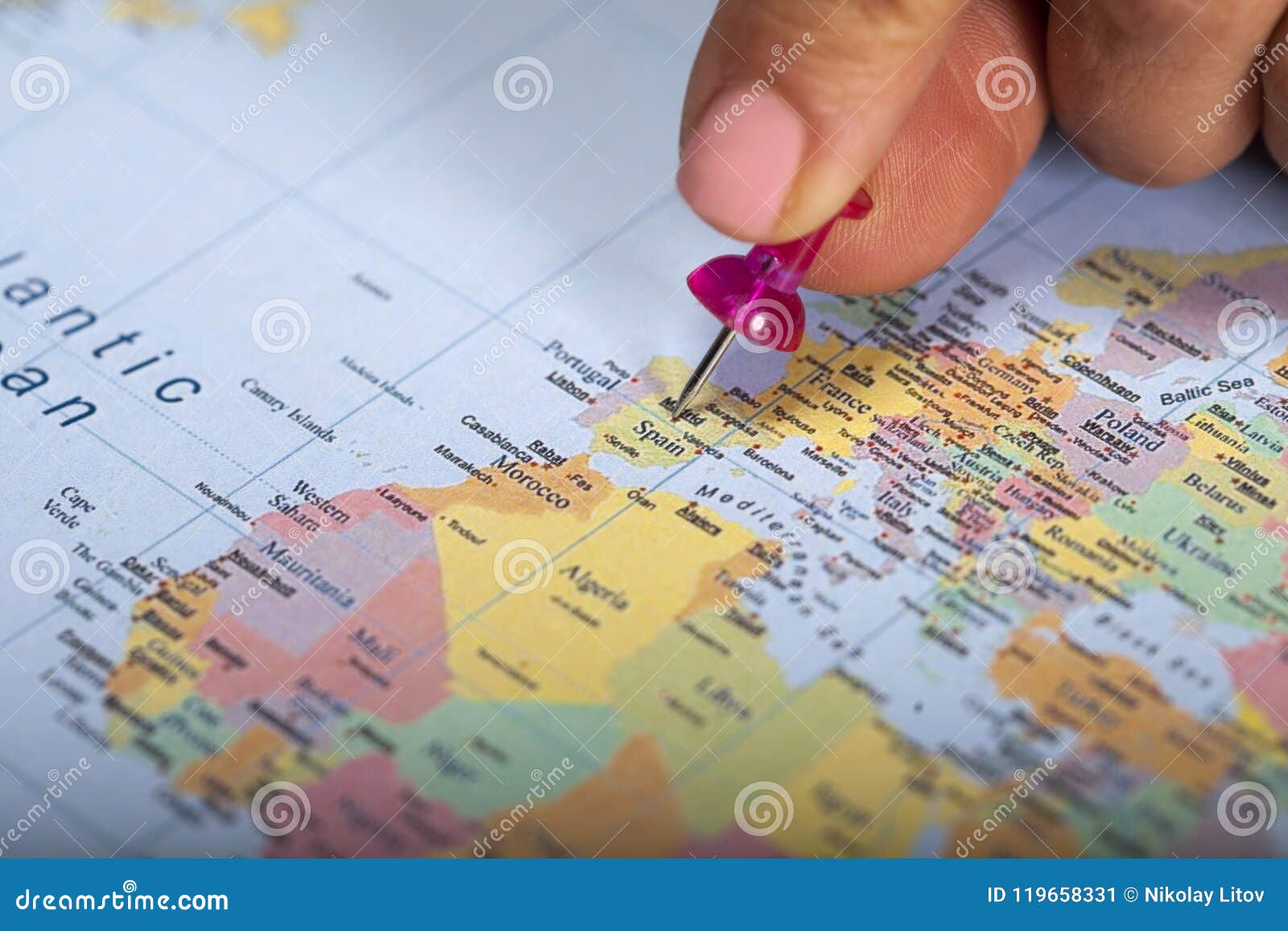 Hand Marking Spain on Map with Pin Stock Image - Image of cartography ...