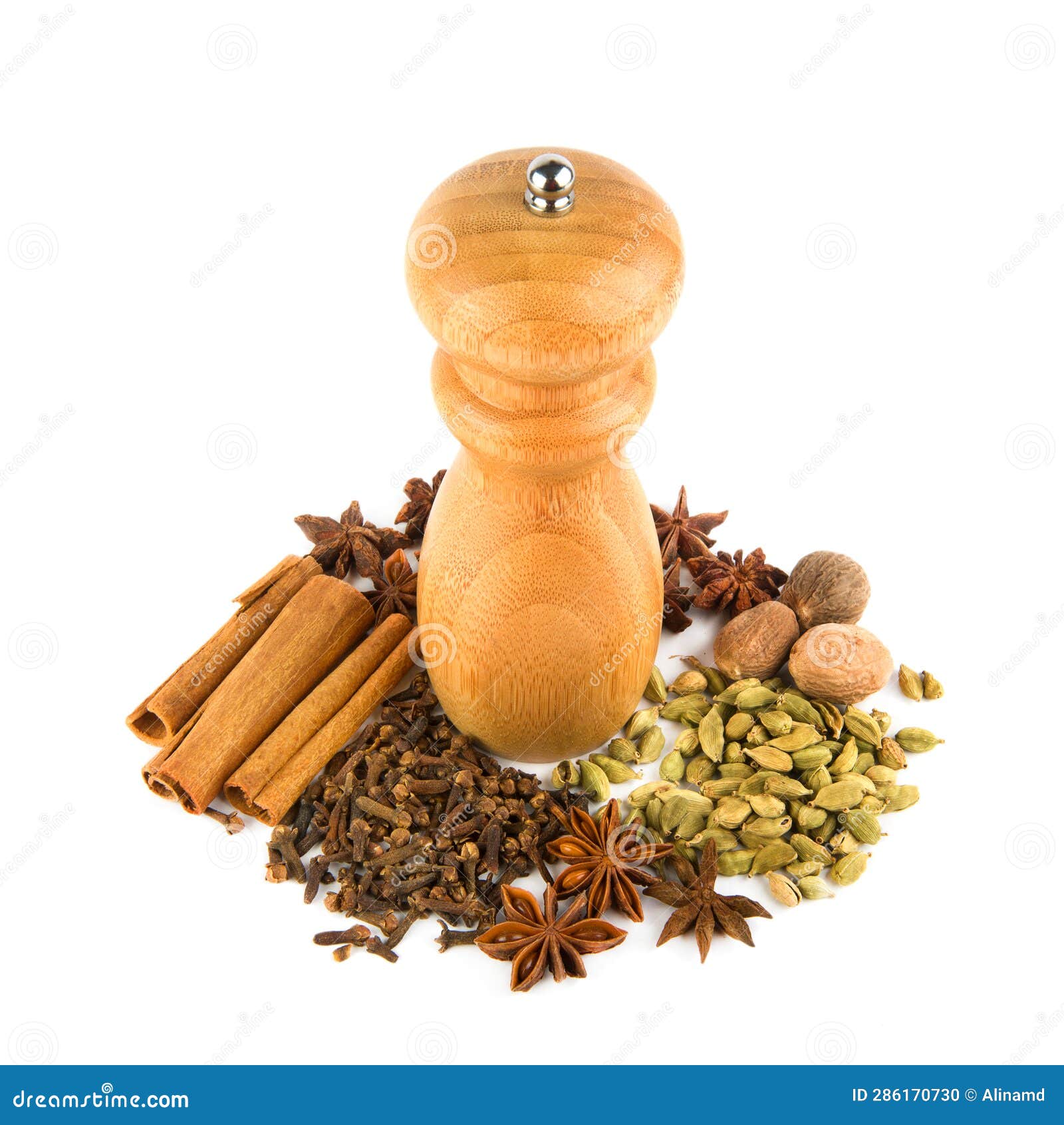 Hand Mill and Spices Set Isolated on White Stock Photo - Image of ...
