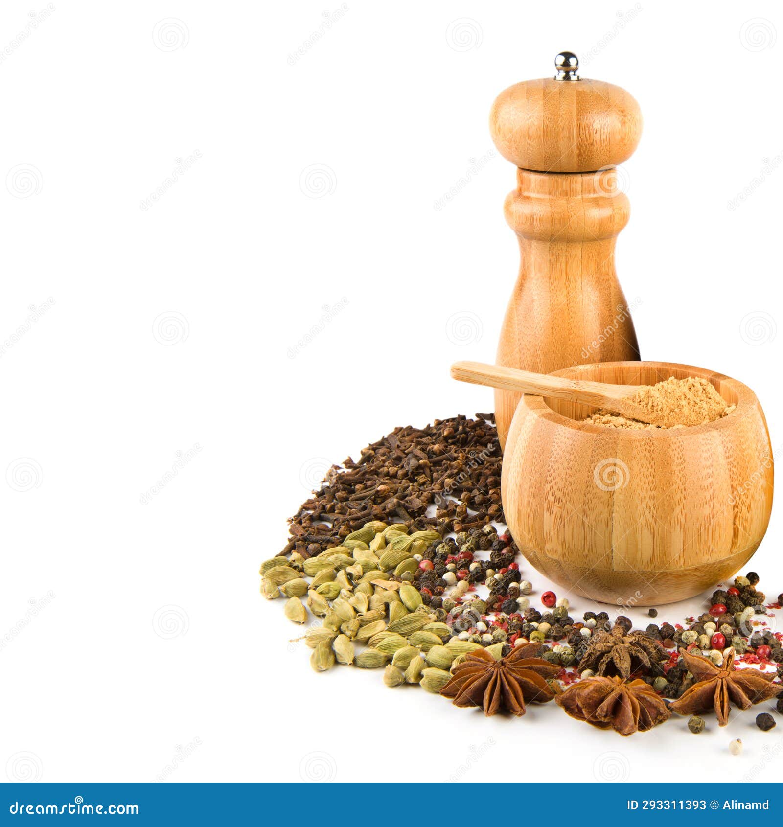 Hand Mill and Spices Set Isolated on White . Free Space for Text Stock ...