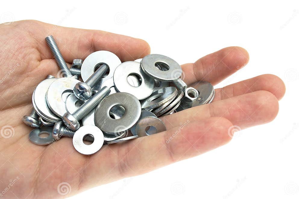 Hand Mit Einer Scheibe, Mutter, Schraube Stockfoto - Bild von ...