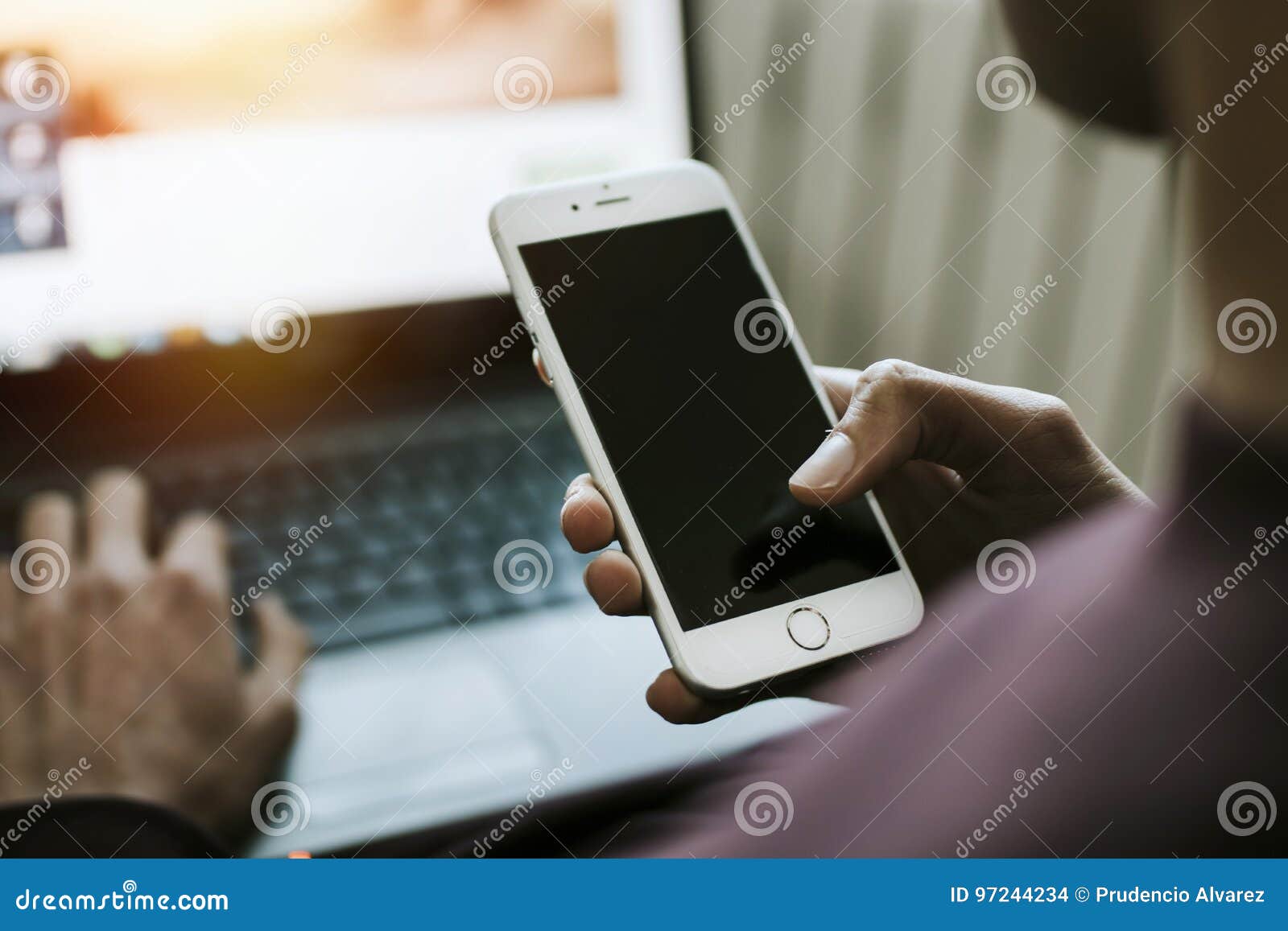 Hand with the Mobile Phone and Computer Stock Photo - Image of interior ...