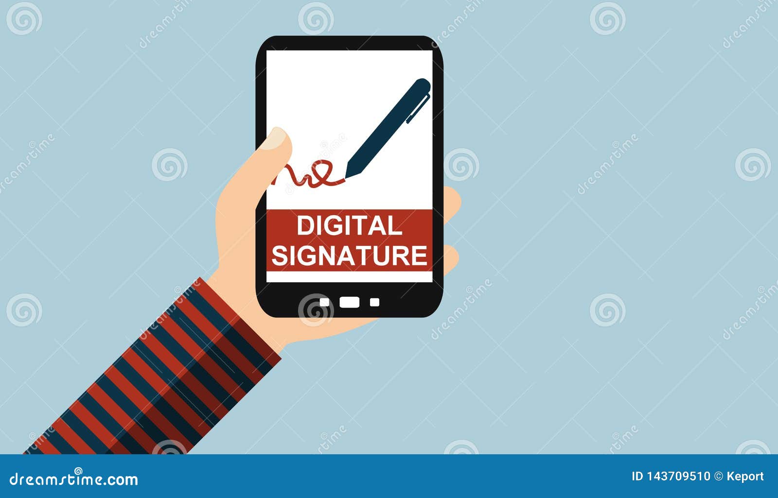Hand with Mobile Phone: Digital Signature - Flat Design Stock ...