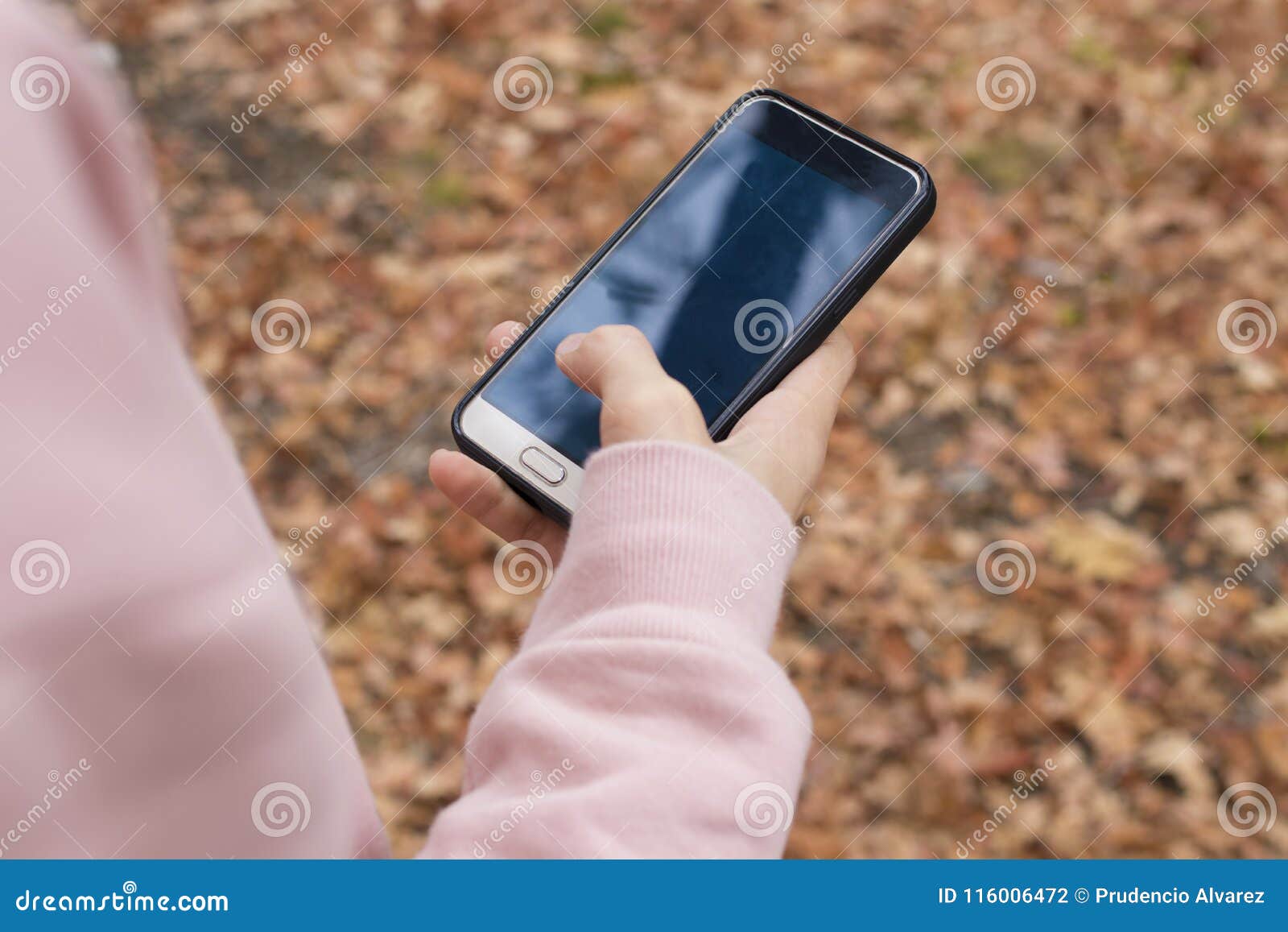 Hand with Mobile Phone in the Fall Stock Photo - Image of messages ...
