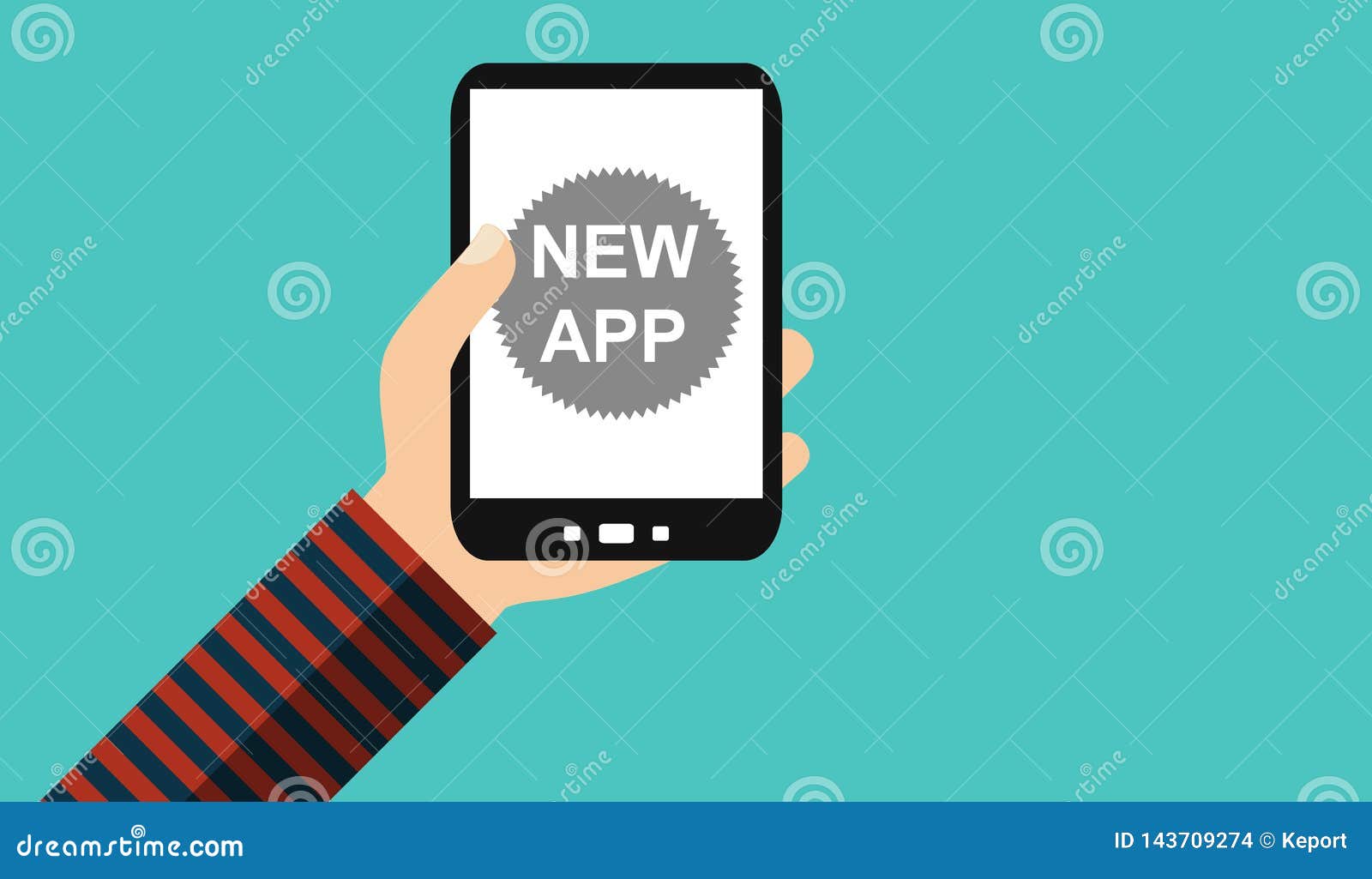 Hand with Mobile Phone: New App - Flat Design Stock Illustration ...