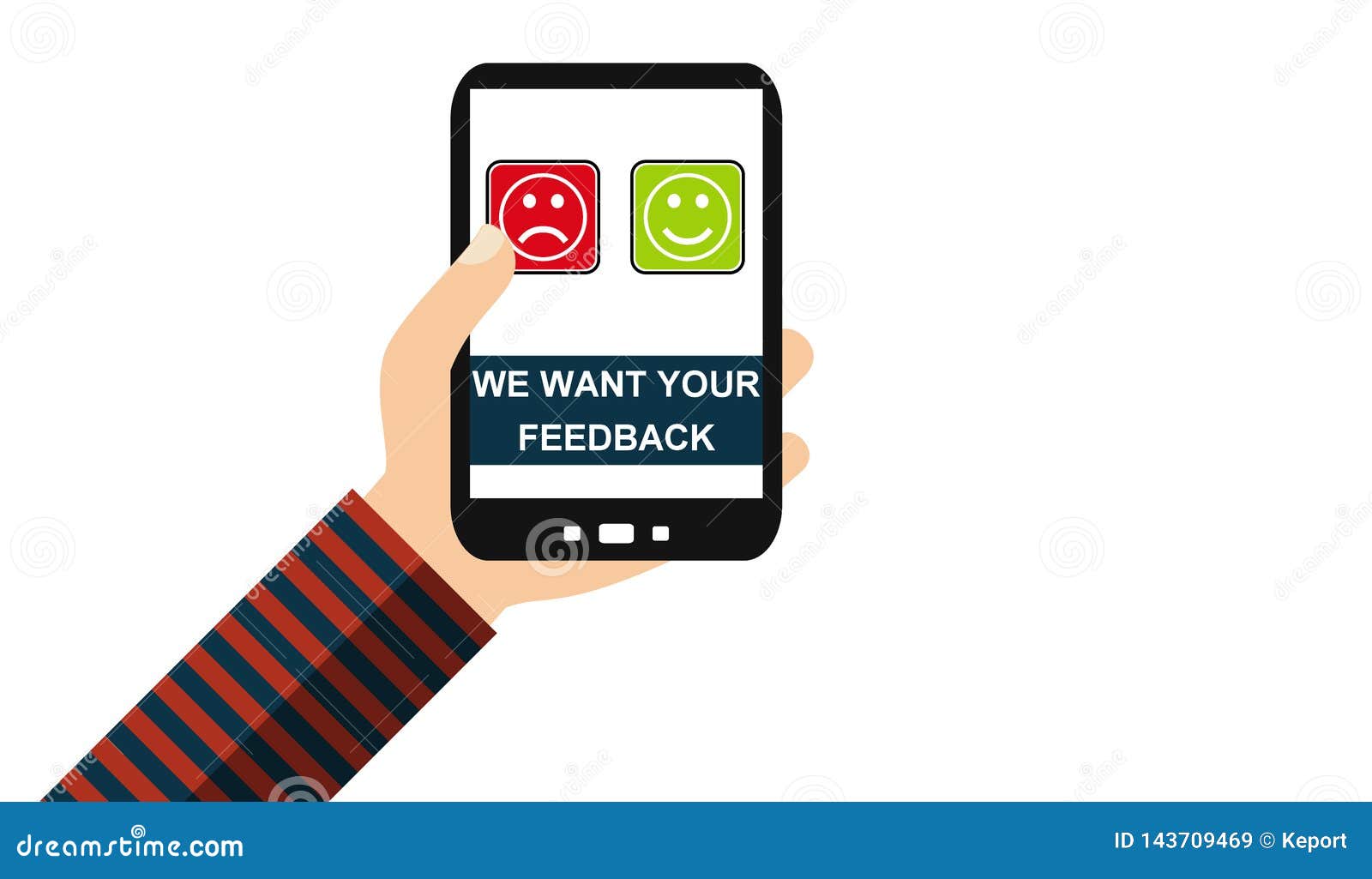 Hand with Mobile Phone: we Want Your Feedback - Flat Design Stock ...