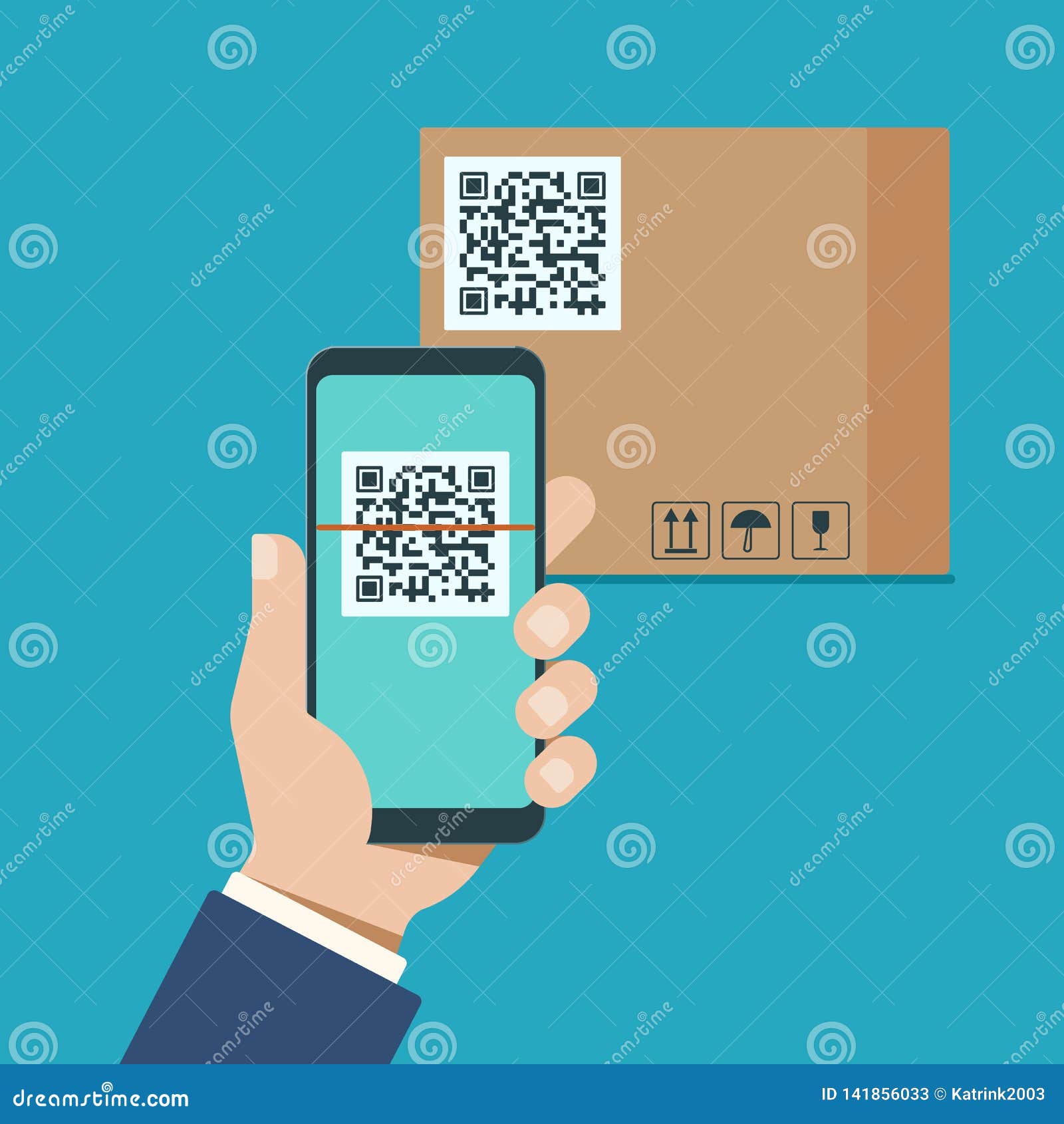 Hand with a Modern Smartphone Scans Qr Code on a Cardboard Box Stock ...