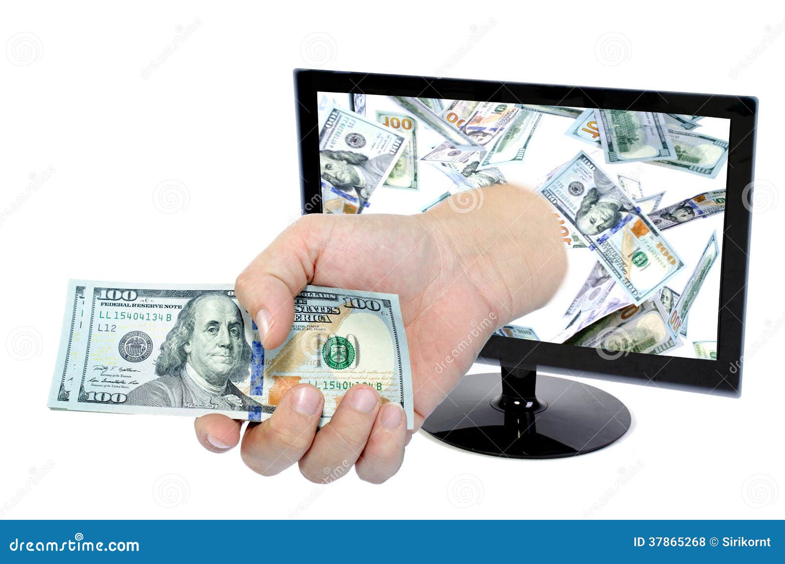 Hand with Money Comes from Computer Monitor Screen Stock Photo - Image ...