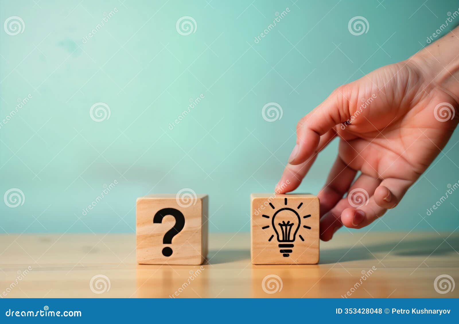 Hand Moves Wooden Block with Question Mark To Block with Light Bulb ...
